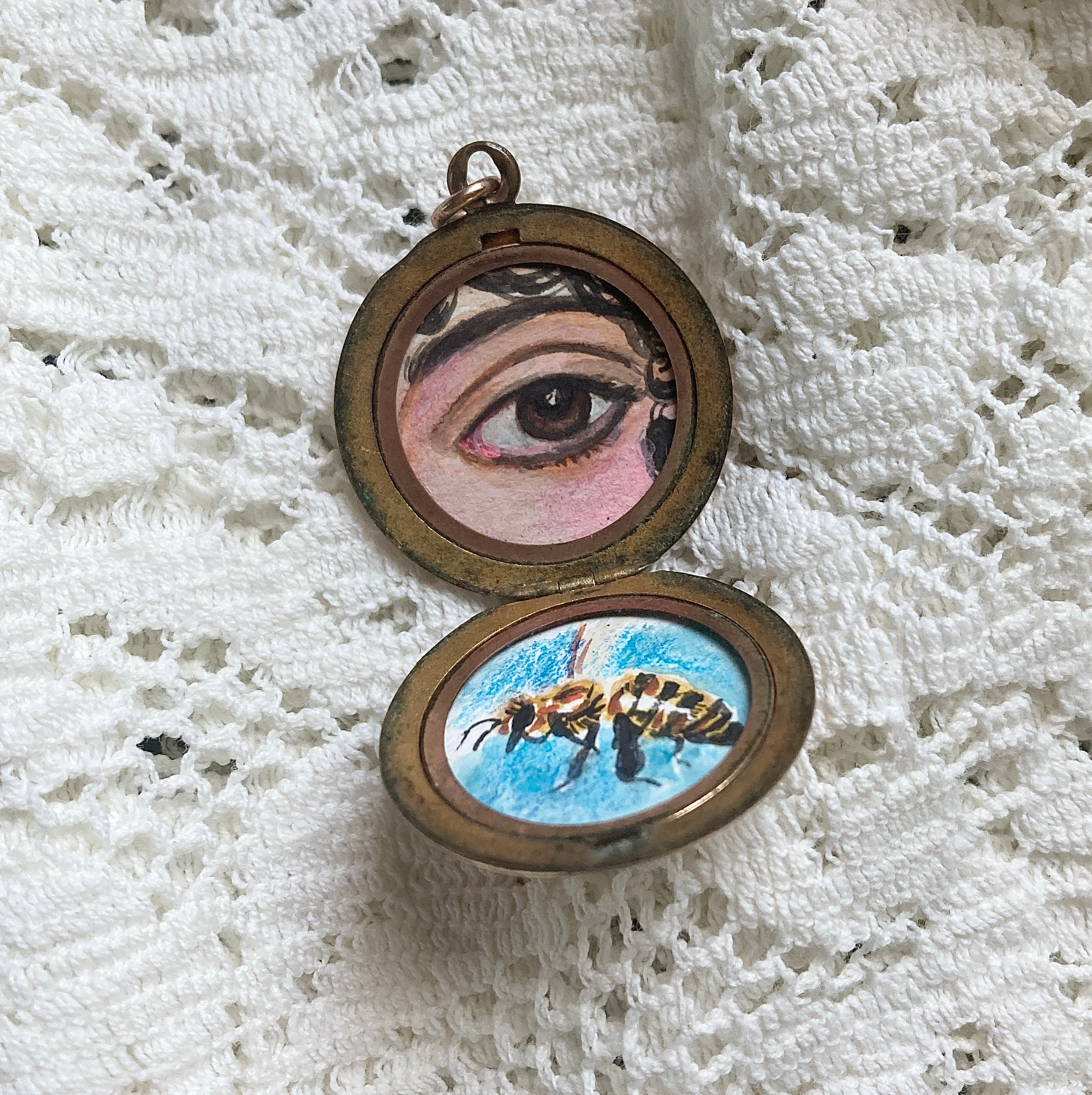Antique Locket With Original Brown Lovers Eye and Bee Miniatures ...