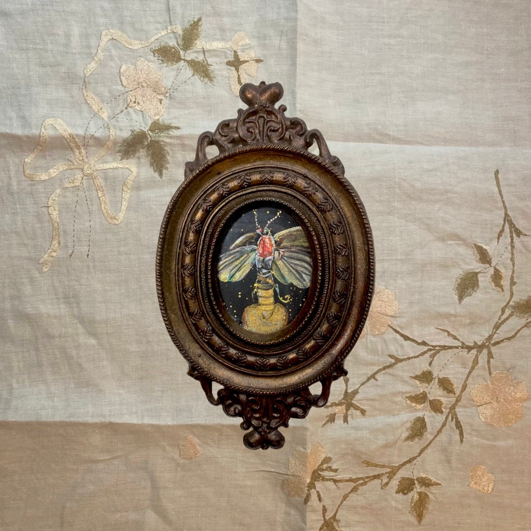 Firefly Miniature in Vintage Italian Frame, Insect Painting, Curio ...