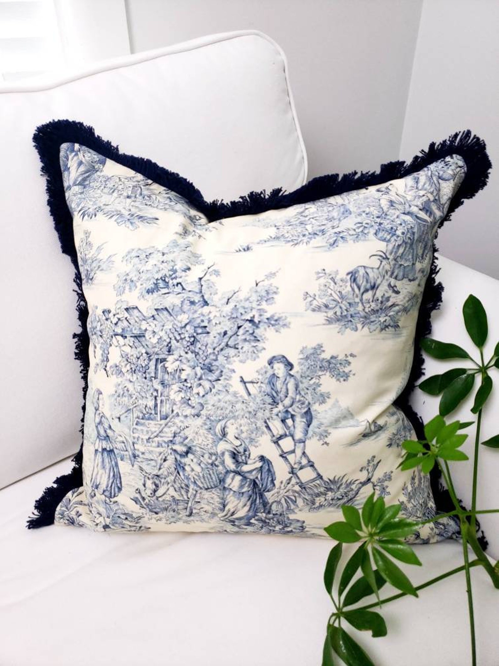 Blue Toile French Pillow Cover. Blue and White Fringe Pillow. - Etsy