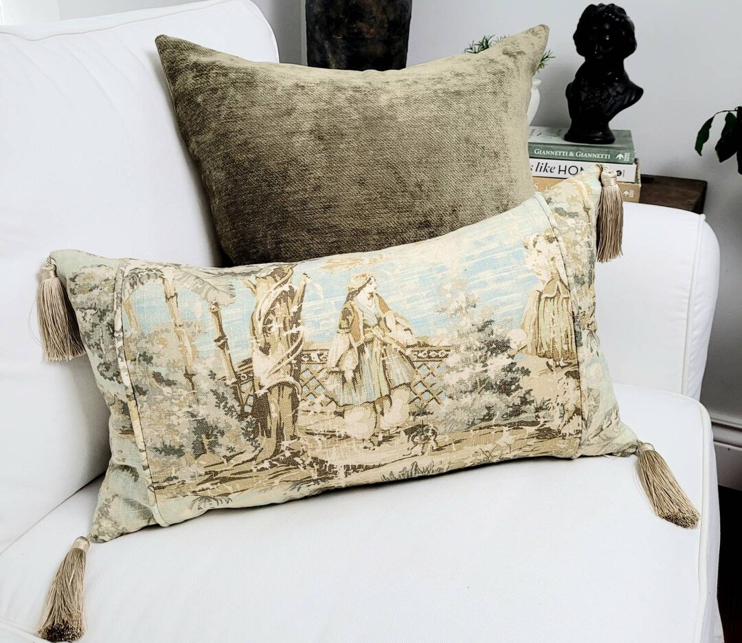 French Country Toile Pillow, Toile Lumbar Pillow, Bosporus Flax, Pillow ...