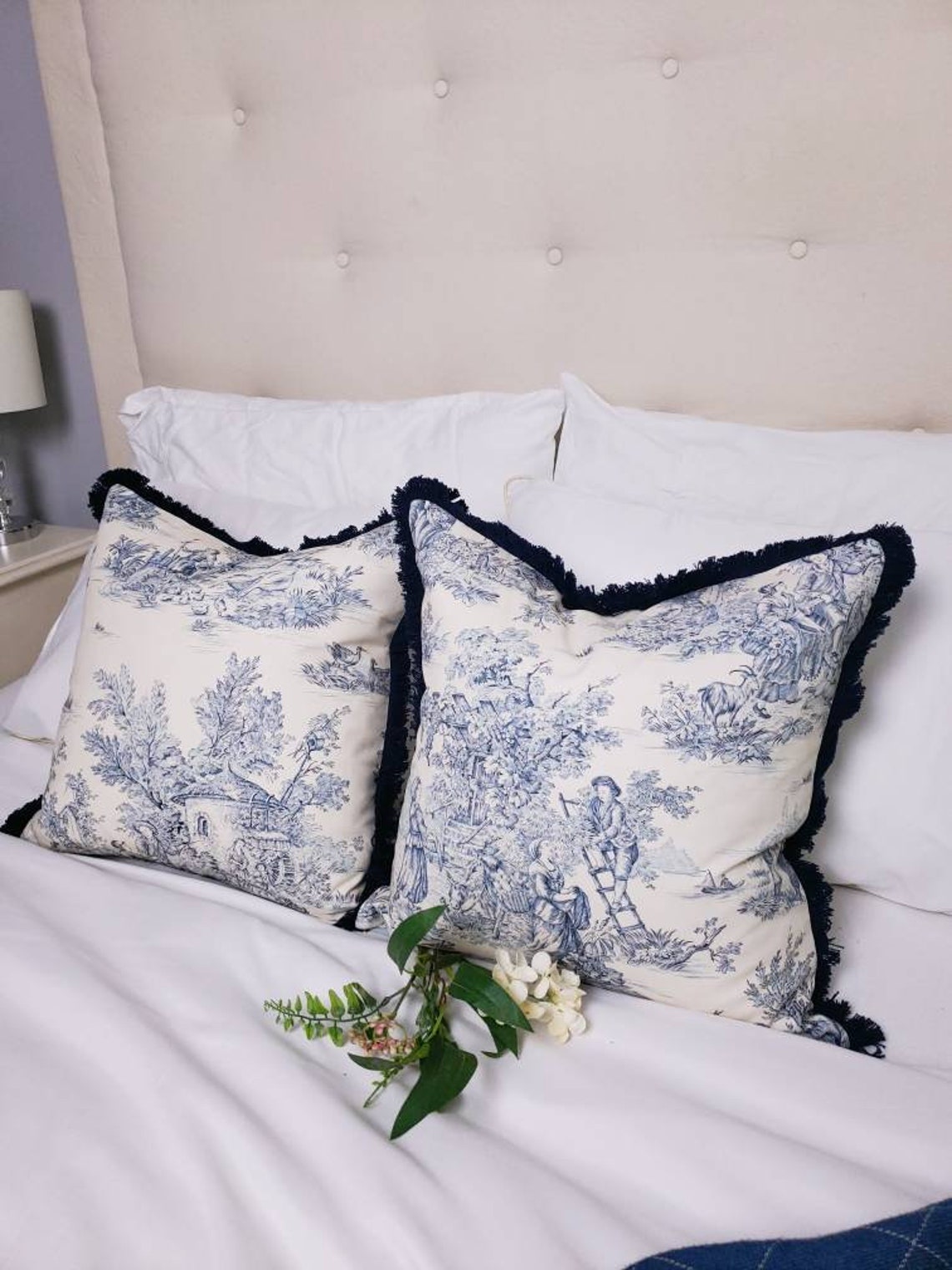 Blue Toile French Pillow Cover. Blue and White Fringe Pillow. - Etsy