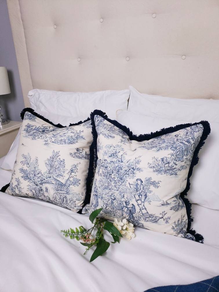 Blue Toile French Pillow Cover. Blue and White Fringe Pillow. - Etsy
