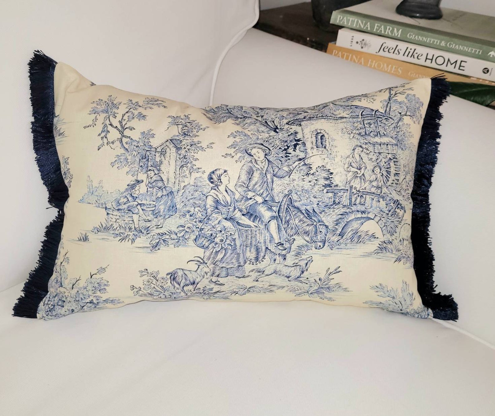 Blue Toile French Pillow Cover. Blue and White Fringe Pillow. - Etsy