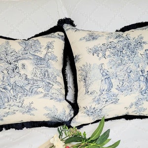 Blue Toile French Pillow Cover. Blue and White Fringe Pillow. - Etsy