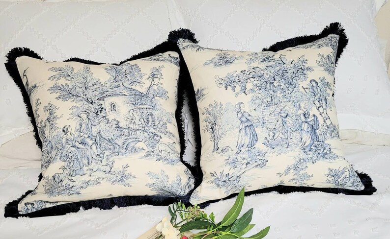 Blue Toile French Pillow Cover. Blue and White Fringe Pillow. - Etsy