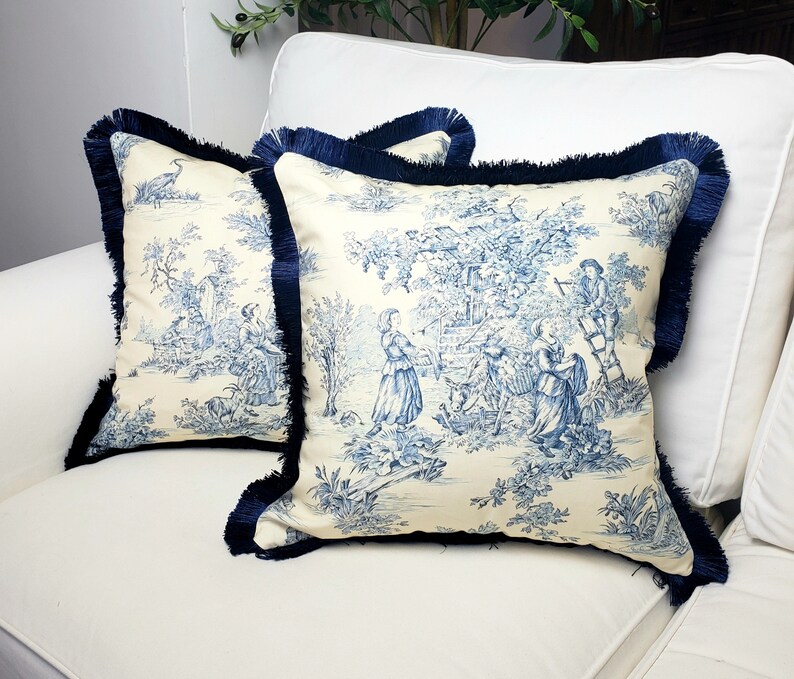Blue Toile French Pillow Cover. Blue and White Fringe Pillow. Cottage ...