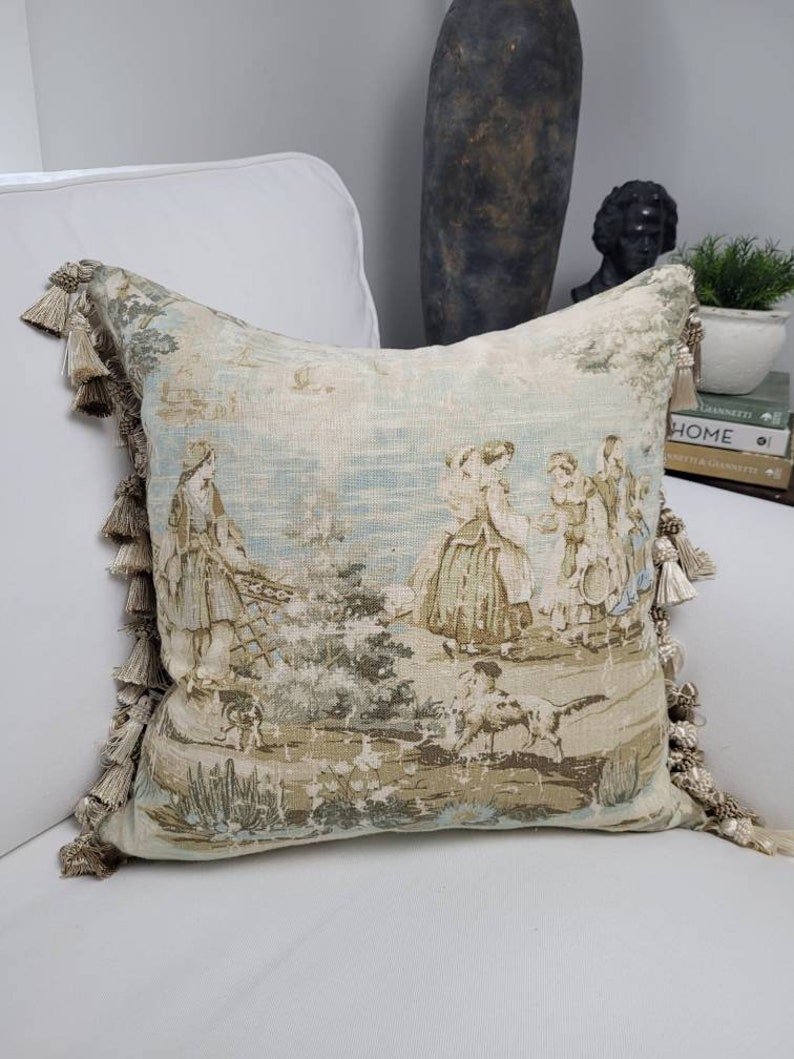 French Country Toile Pillow Cover, Bosporus Flax, Decorative Throw ...