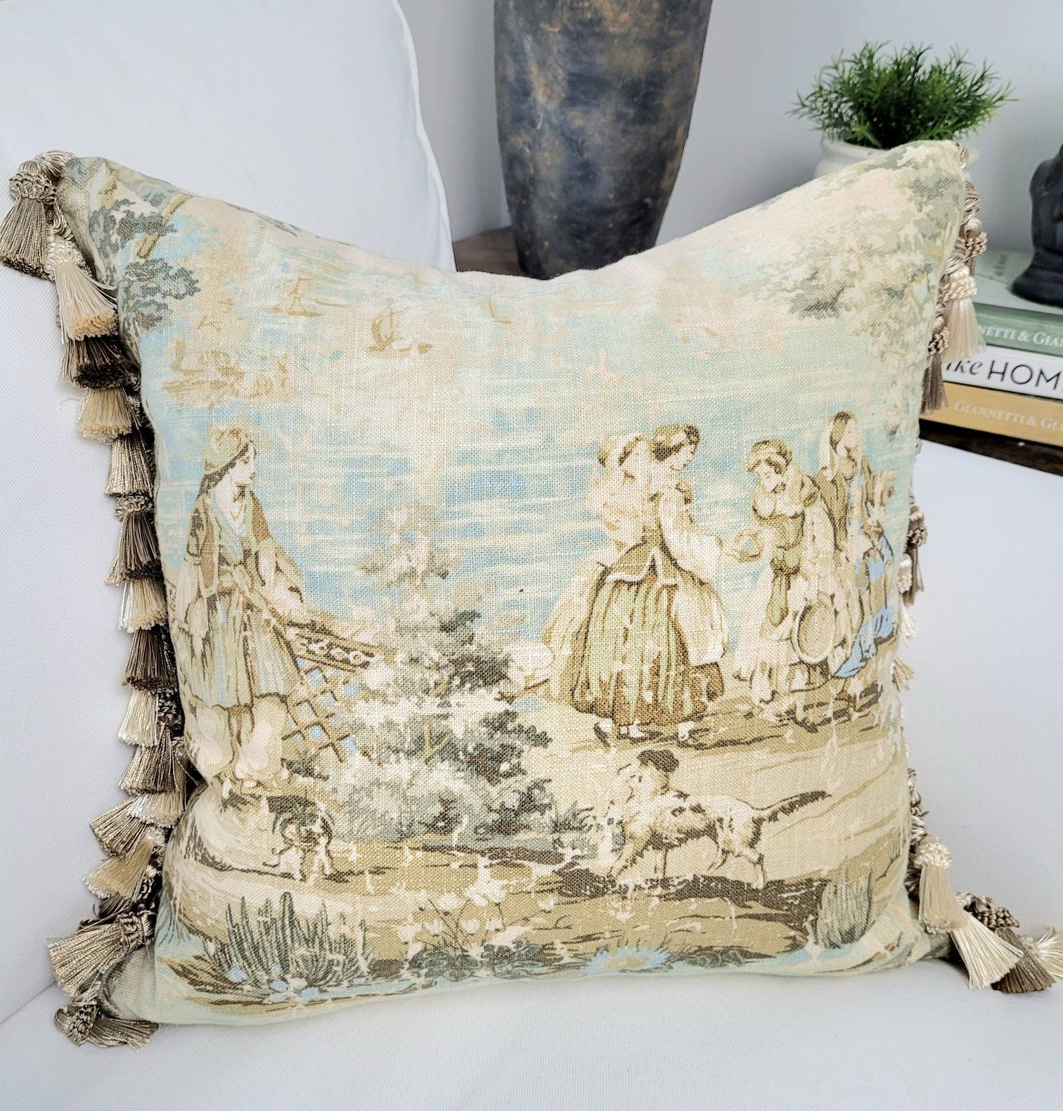 French Country Toile Pillow Cover, Bosporus Flax, Decorative Throw ...
