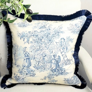 Blue Toile French Pillow Cover. Blue and White Fringe Pillow. Cottage ...
