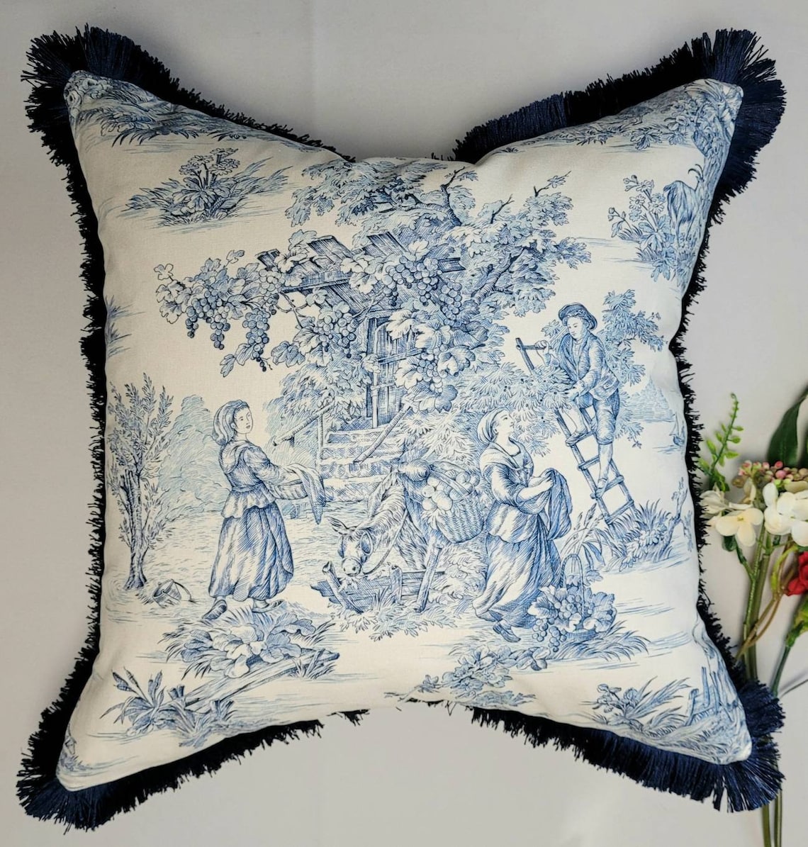 Blue Toile French Pillow Cover. Blue and White Fringe Pillow. - Etsy