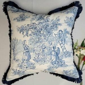 Blue Toile French Pillow Cover. Blue and White Fringe Pillow. - Etsy