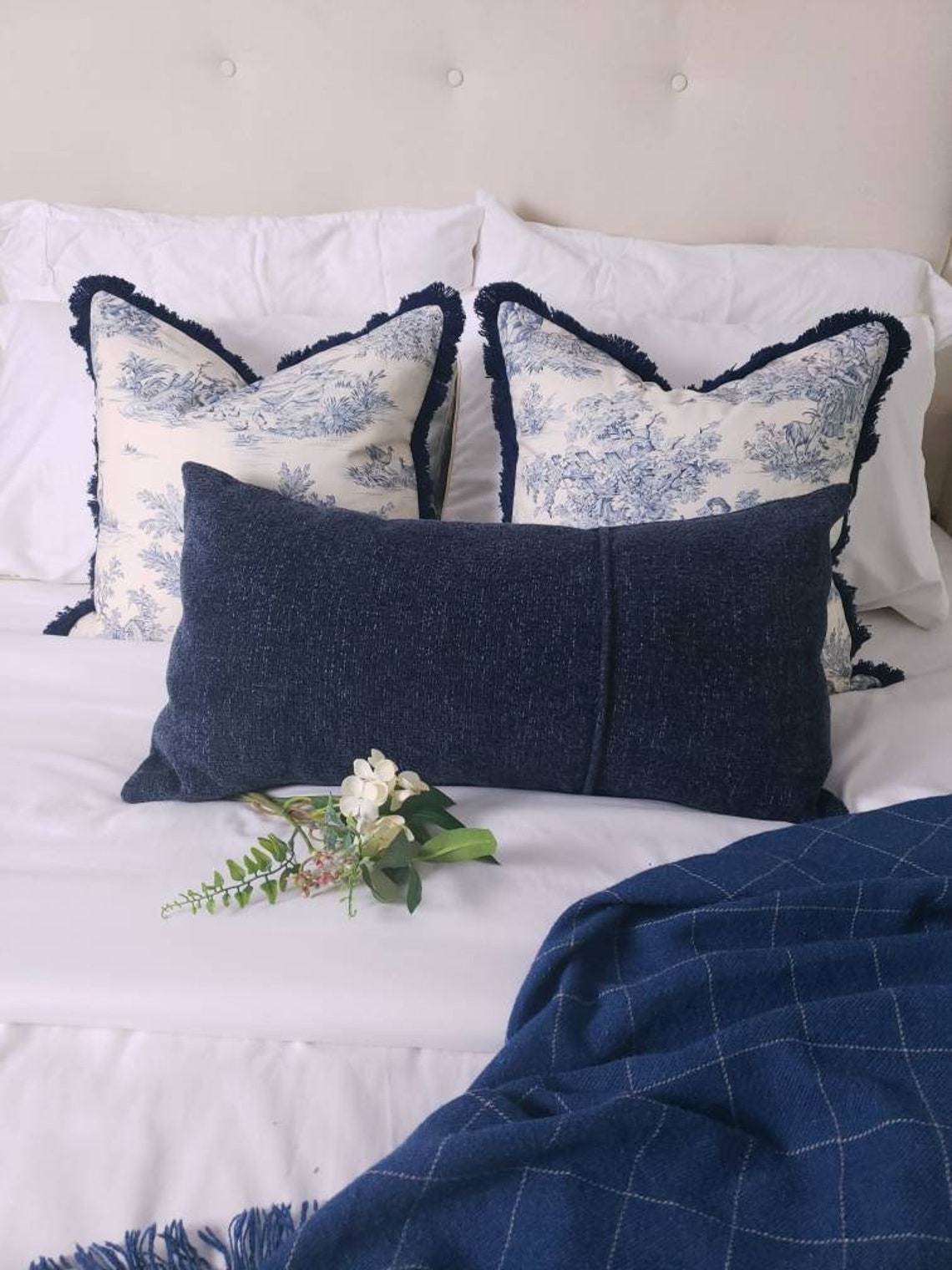 Blue Toile French Pillow Cover. Blue and White Fringe Pillow. - Etsy