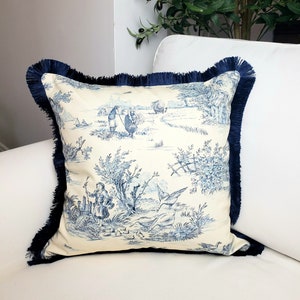 Blue Toile French Pillow Cover. Blue and White Fringe Pillow. Cottage ...