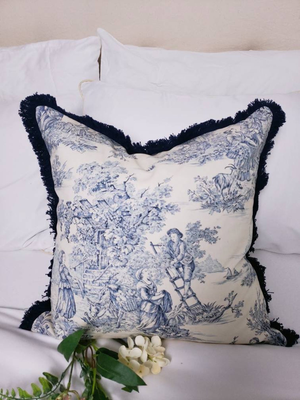 Blue Toile French Pillow Cover. Blue and White Fringe Pillow. Cottage ...