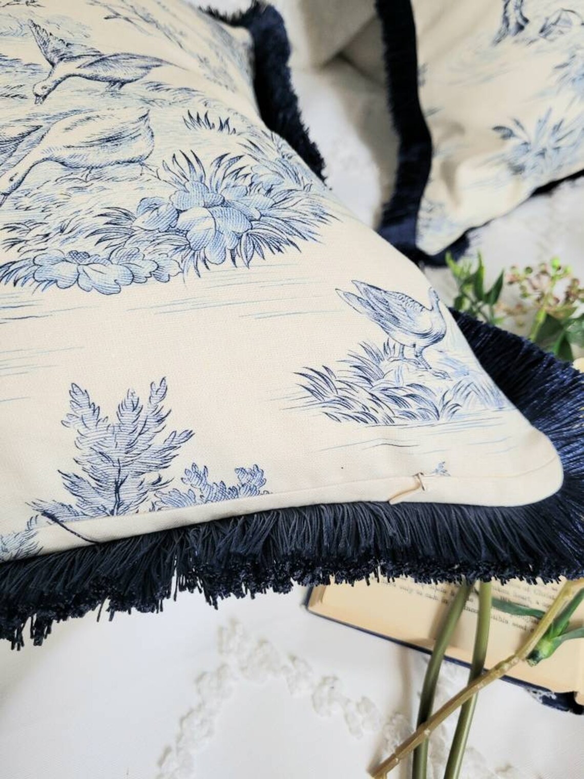 Blue Toile French Pillow Cover. Blue and White Fringe Pillow. Cottage ...