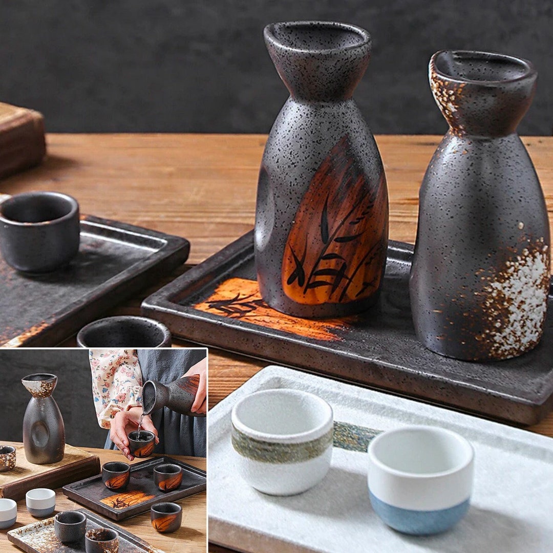 Vintage Japanese Sake Set handmade 4 Designs Sake Serving Bottle and ...