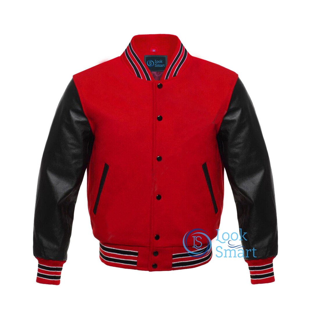 Varsity Letterman Baseball Bomber Red Wool and Genuine Black Leather ...