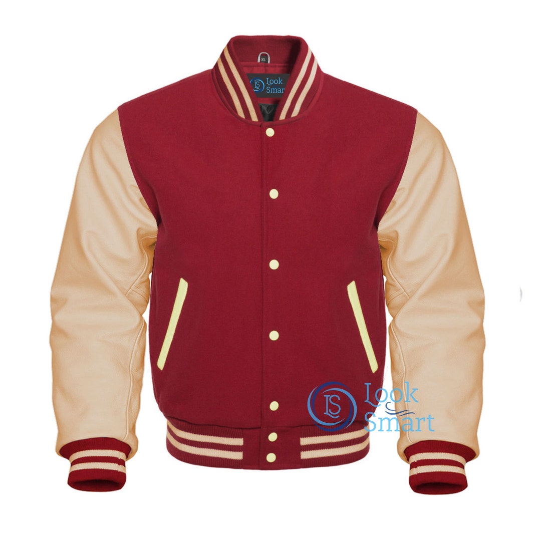 Varsity Letterman Baseball Bomber Cardinal Wool Genuine Cream Leather ...