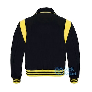 Men's Varsity Byron Collar Black Woolen Yellow Leather Stripes Baseball ...