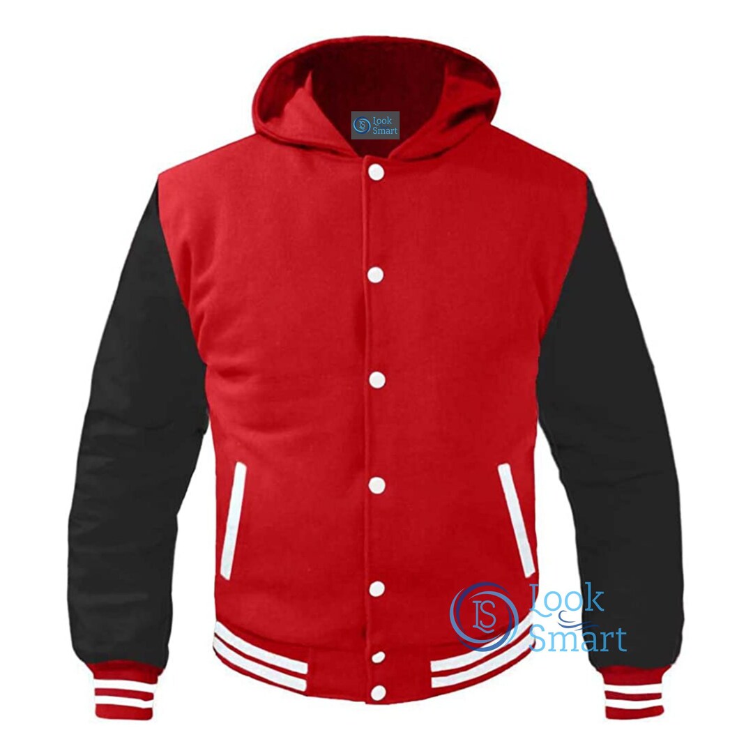 Varsity Hoodie Jacket Red Black Full Wool Varsity Baseball Bomber ...