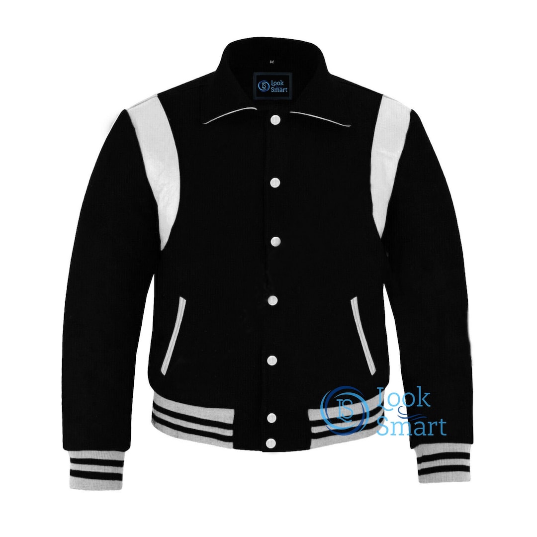 Men's Varsity Byron Collar Black Woolen White Leather Stripes Baseball ...
