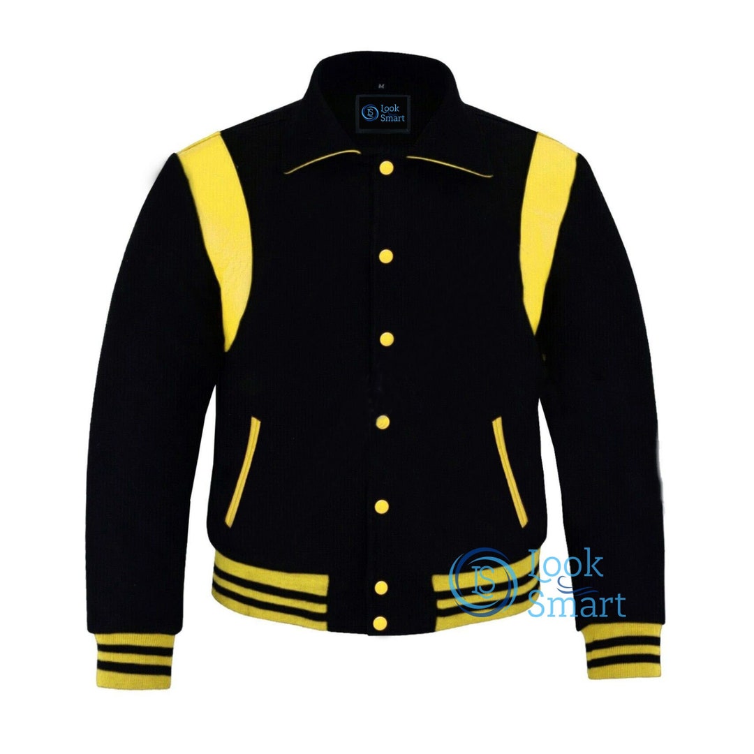Men's Varsity Byron Collar Black Woolen Yellow Leather Stripes Baseball ...