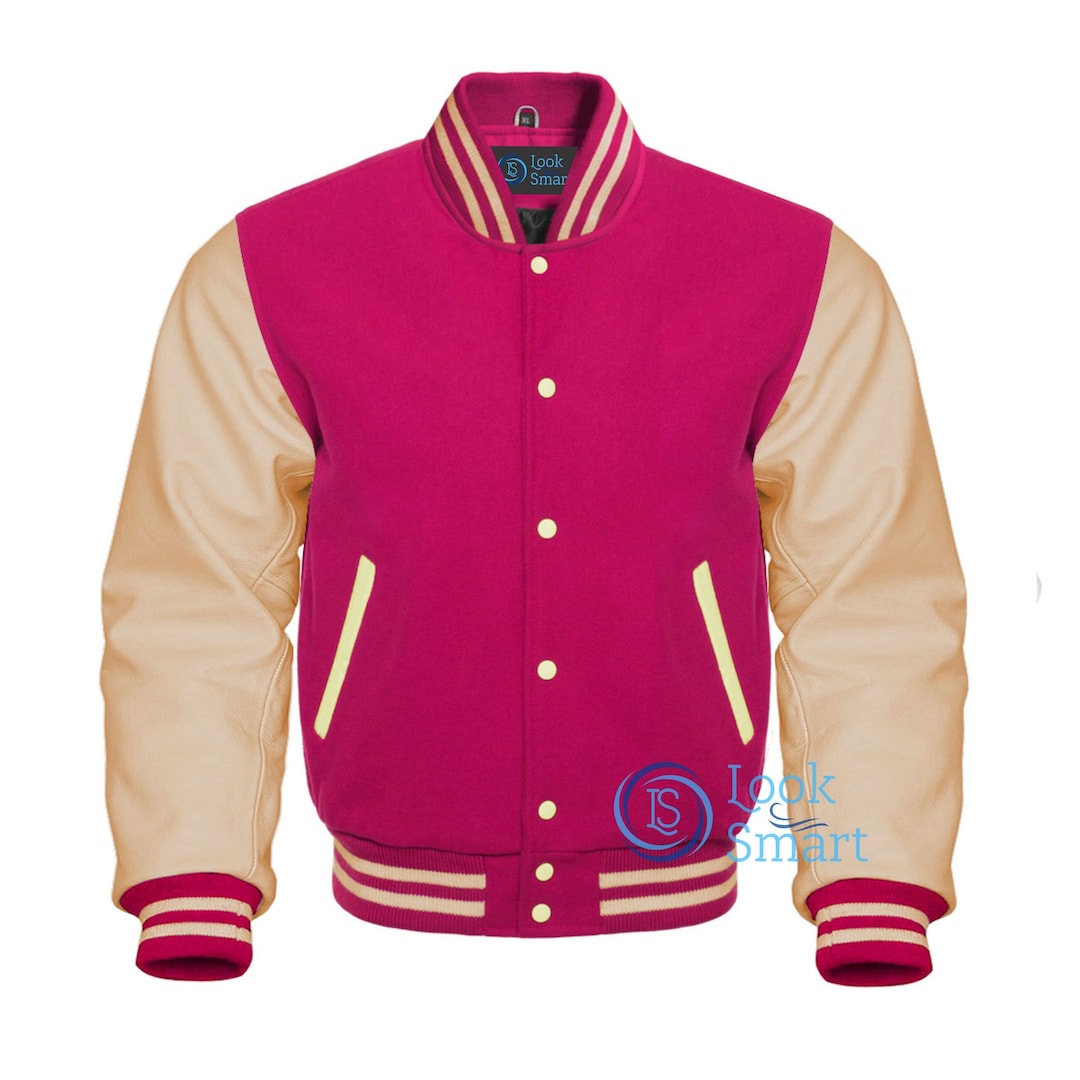 Varsity Letterman Baseball Bomber Pink Wool Genuine Cream Leather ...