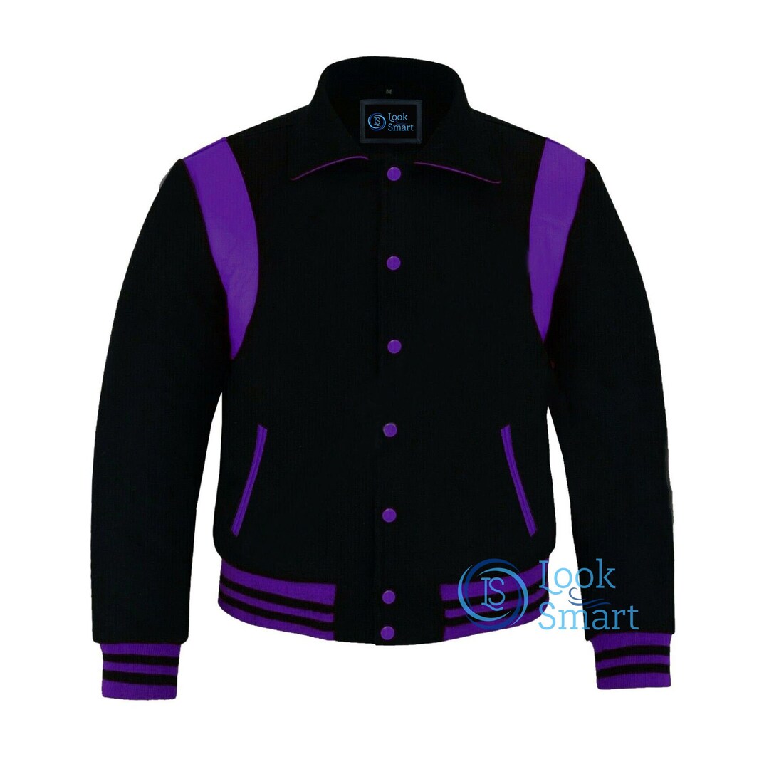 Men's Varsity Byron Collar Black Woolen Purple Leather Stripes Baseball ...