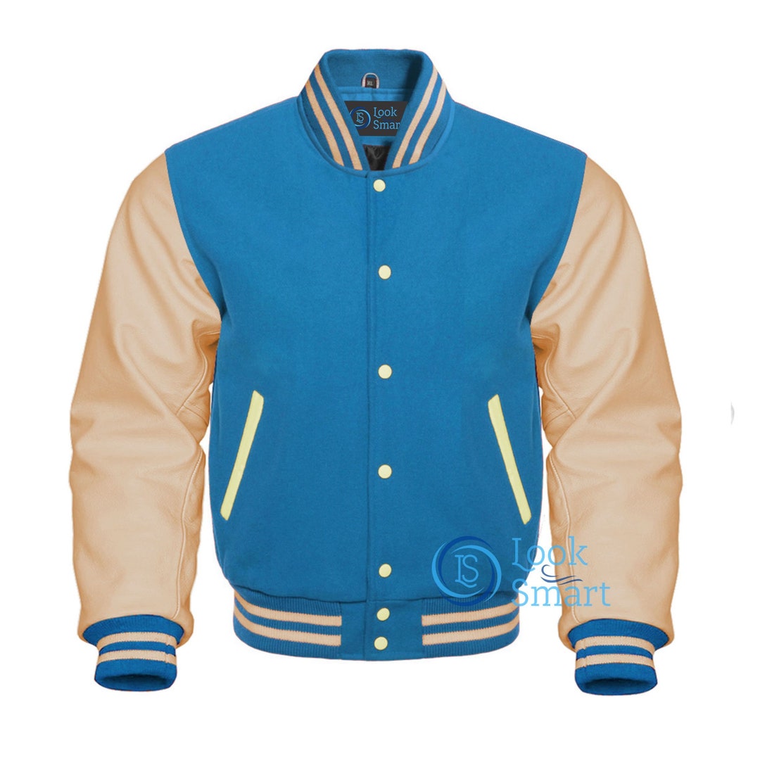 Varsity Letterman Baseball Bomber Light Blue Wool Genuine Cream Leather ...