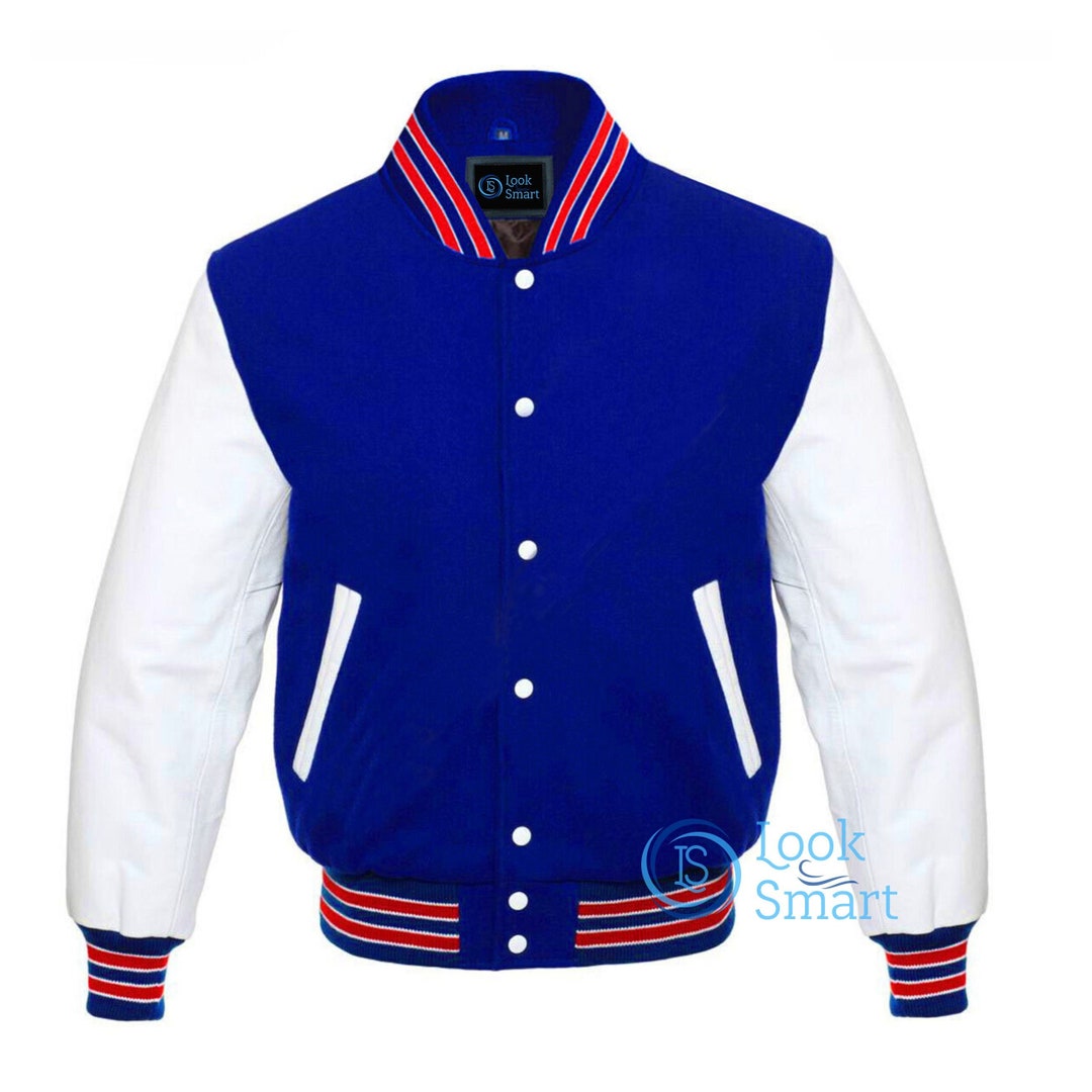 Varsity Letterman Baseball Royal Blue Wool Genuine White Leather ...