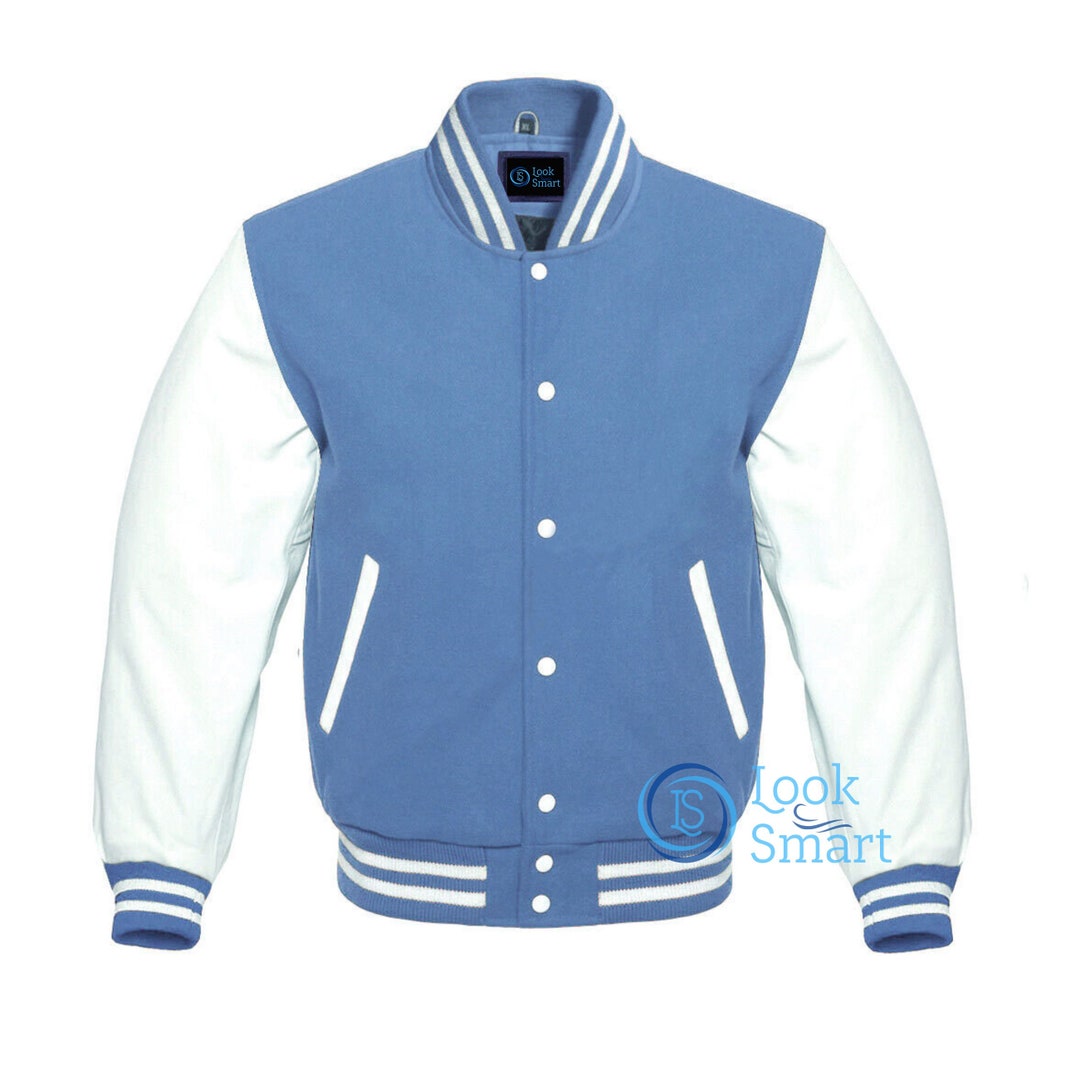 Varsity Letterman Baseball Sky Blue Wool Genuine White Leather Sleeves Jacket Varsity Men's ...