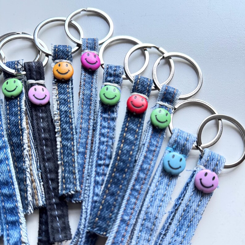 Denim Key Ring With Smiley Face - Upcycled & Handmade From Jeans - Fun ...