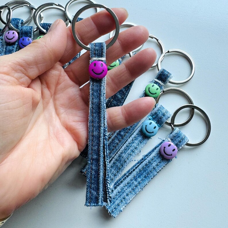 Denim Key Ring With Smiley Face - Upcycled & Handmade From Jeans - Fun ...