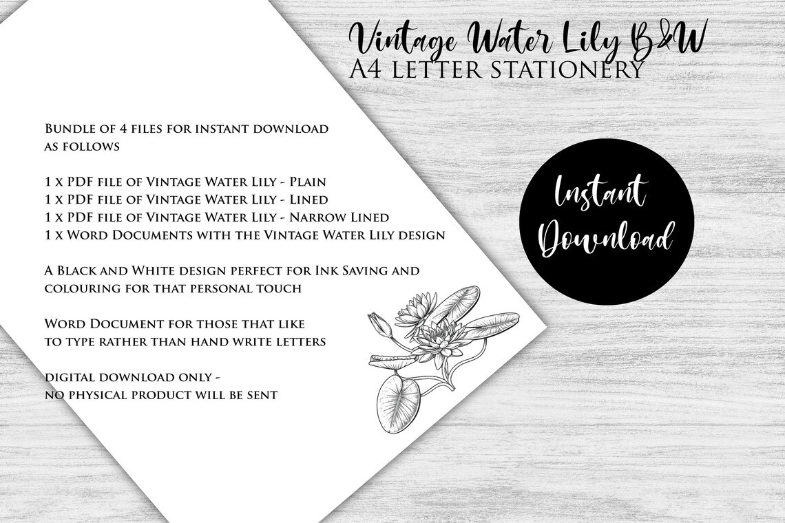 Water Lily Black and White A4 Writing Paper Letter Stationery Printable ...