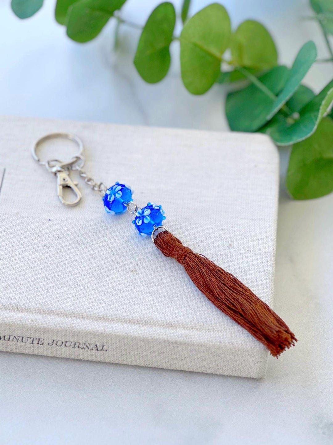 Cute Bohemian Blue Floral Lampwork & Long Tassel Keychain Bag Charm ...