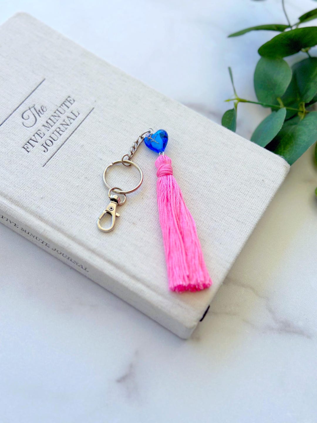 Cute Blue Floral Heart Lampwork Glass & Handmade Pink Tassel Keychain ...