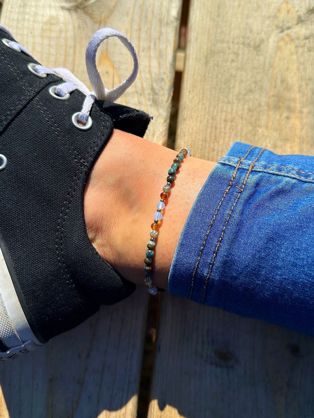 Skylar Adjustable Womens Dainty Gemstone Anklet With Dark Coffee Agate Blue Fire Agate Opalite ...