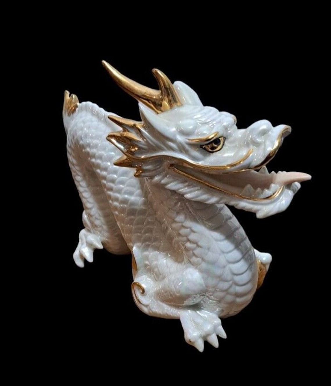 Vintage Yoshimi K Iridescent White & Gold Dragon Sea Serpent Porcelain ...