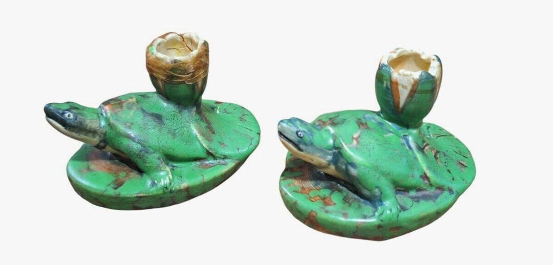 Rare Vintage Weller Coppertone Turtle on Lilly Pad Candle Stick Holders ...