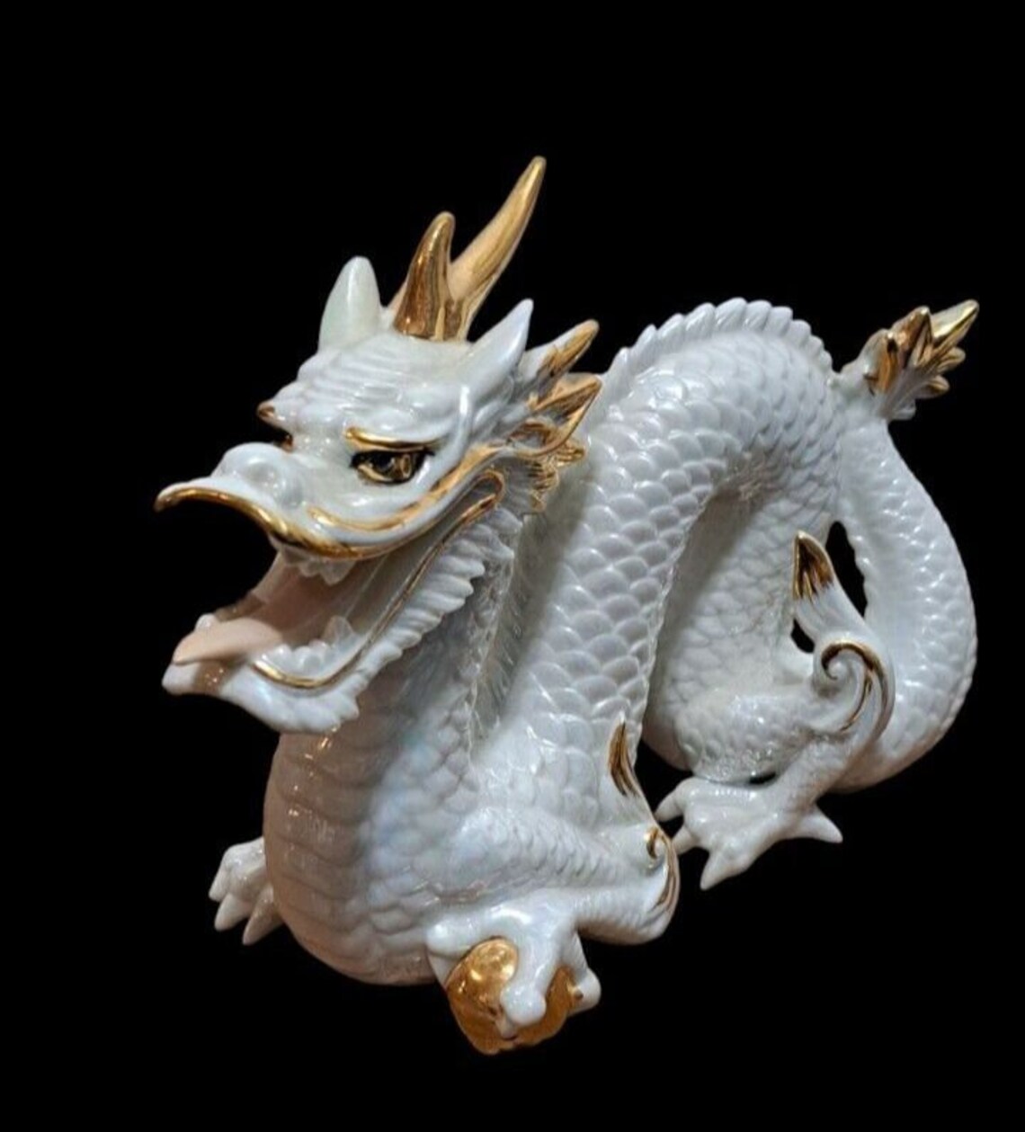 Vintage Yoshimi K Iridescent White & Gold Dragon Sea Serpent Porcelain ...