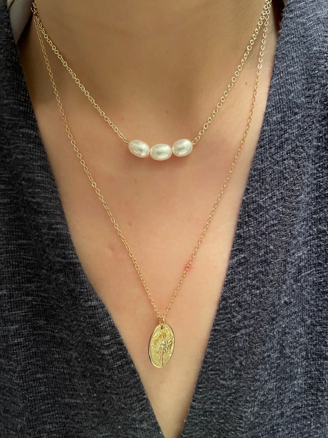 Freshwater Pearl Necklace, 14k Gold Plated Dandelion Pendant - Etsy
