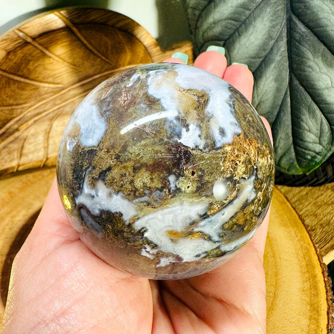 Large Moss Agate Crystal Sphere | Green Moss & Blue Agate | 426 Grams ...