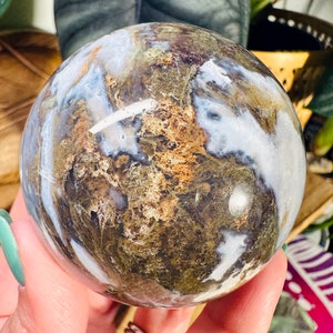 Large Moss Agate Crystal Sphere | Green Moss & Blue Agate | 426 Grams ...
