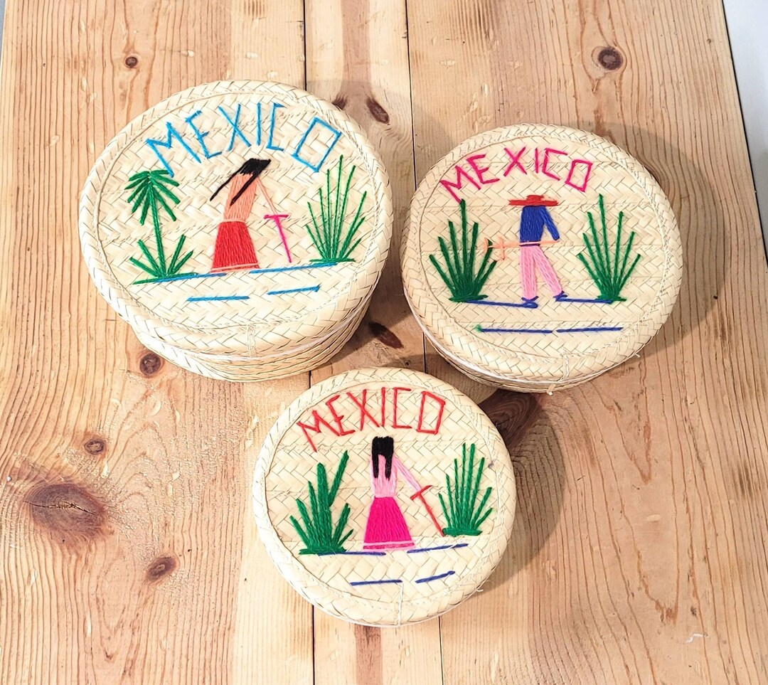 Straw Rattan Handmade Mexican Storage Box Baskets With Yarn Embroidered ...