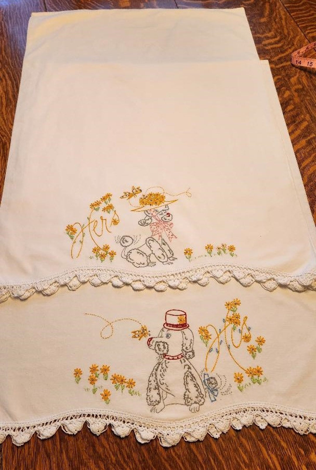 Vintage His and Hers Poodle Pillowcases - Colorful Hand Embroidered ...