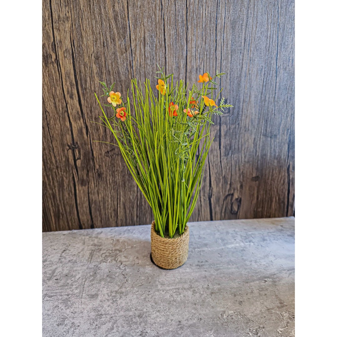 Faux Mini Orange Flower Arrangement, Tiny Orange Flowers With Jute Base ...