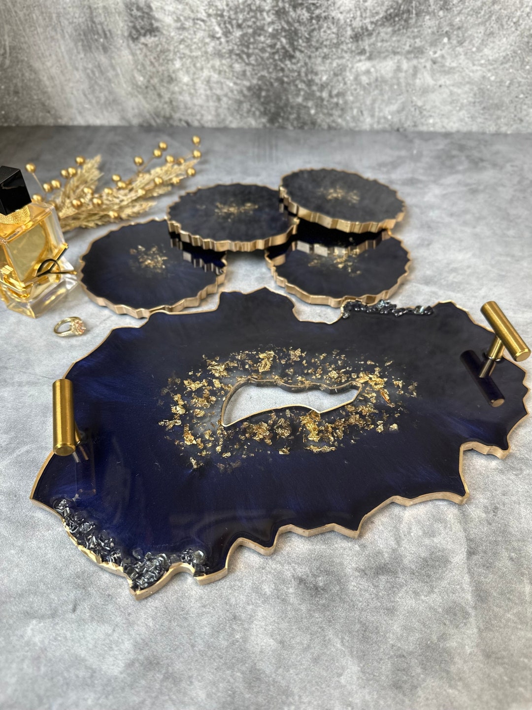 Handmade Vanity Tray With Handles Navy and Gold Perfume Tray Navy Decor ...