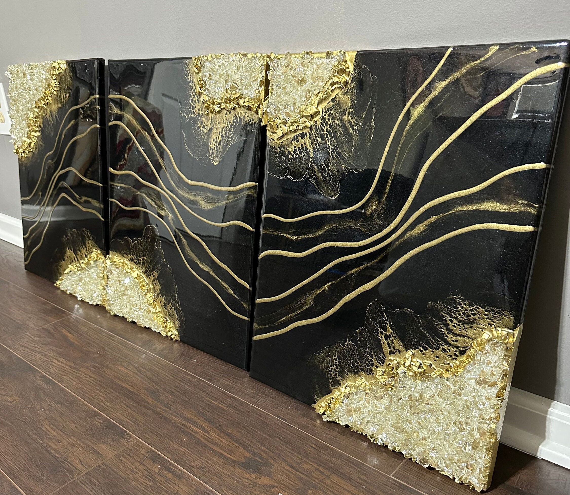 Three Piece Black Gold Epoxy Resin Wall Art Black Canvas Wall - Etsy