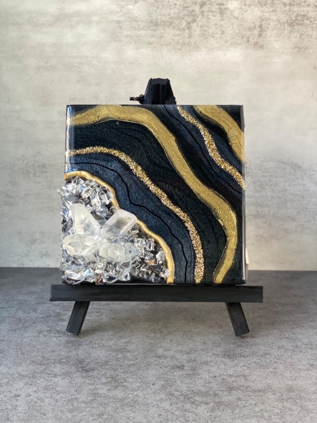 Mini Geode Art in Black and Gold With Genuine Crystals Black - Etsy