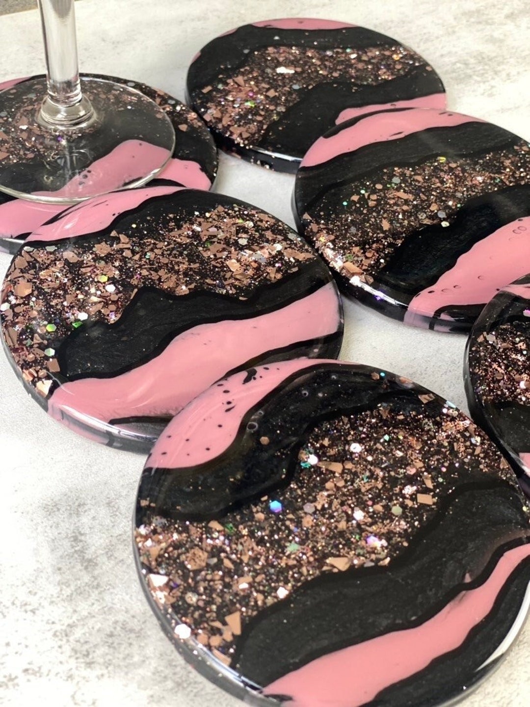 Pink and Black Resin Coaster Set of 6 Pink Coaster Gift Set Pink ...